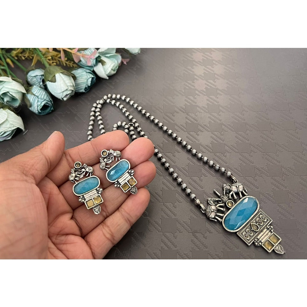 Akruti Collection Oxidised Plated Pota Stone Long Necklace Set ...