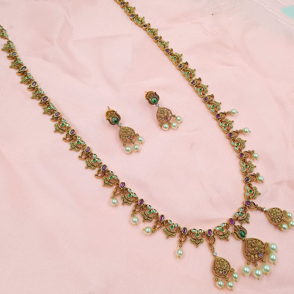 NAFJ Elegant Pota Stone And Austrian Stone Pearl Long Necklace Set ...