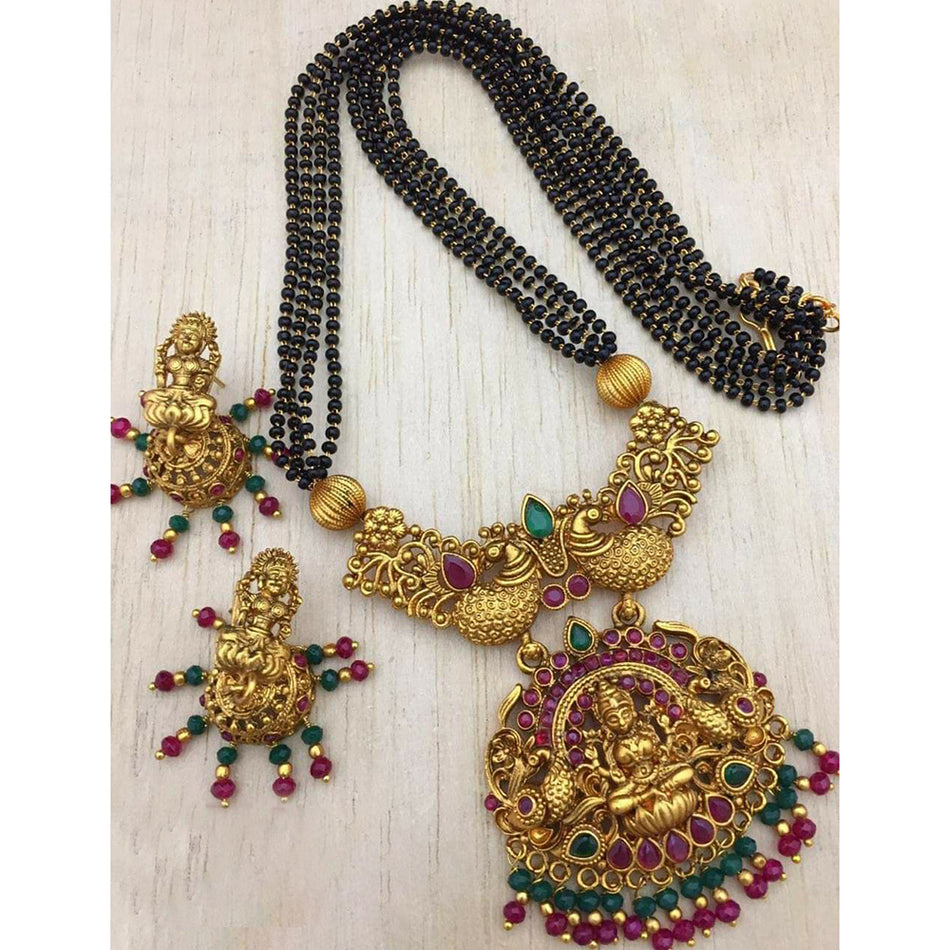 India Art Gold Plated Pink & Green Pota Stone Traditional Mangalsutra ...