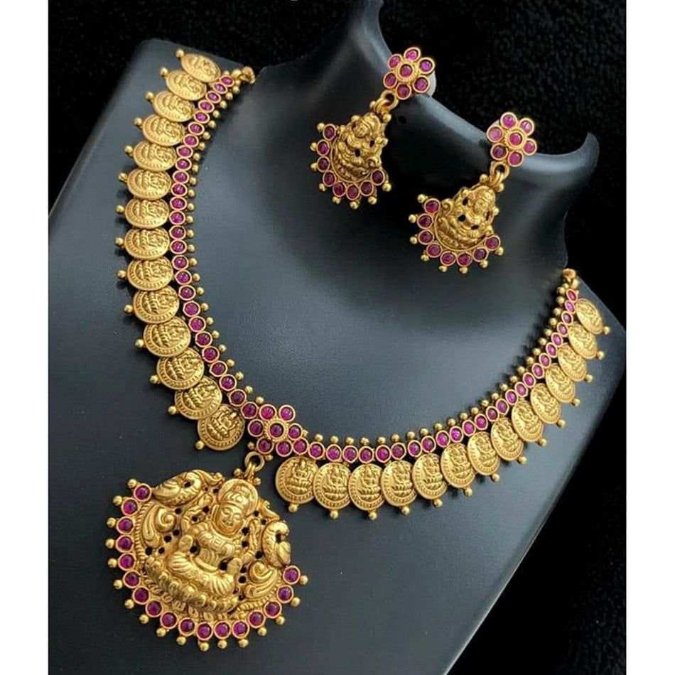 India Art Gold Plated Pink Pota Stone Traditional Necklace Set ...